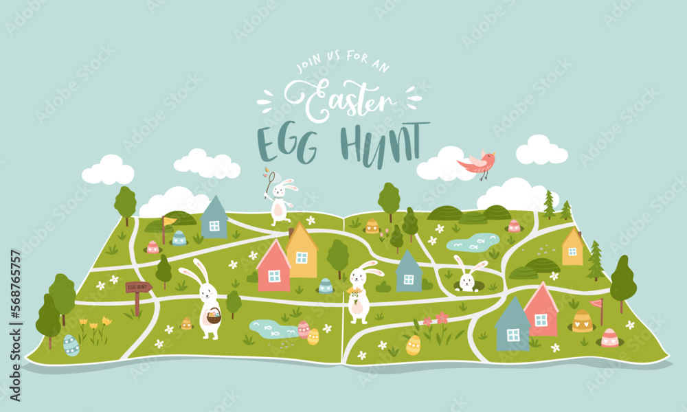Cute Easter Egg hunt design, map for children, hand drawn with cute ...