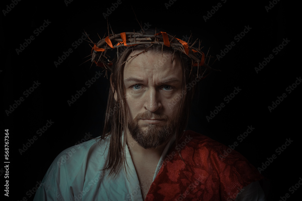 Jesus Christ wearing a crown of thorns and white chiton toga mantle ...