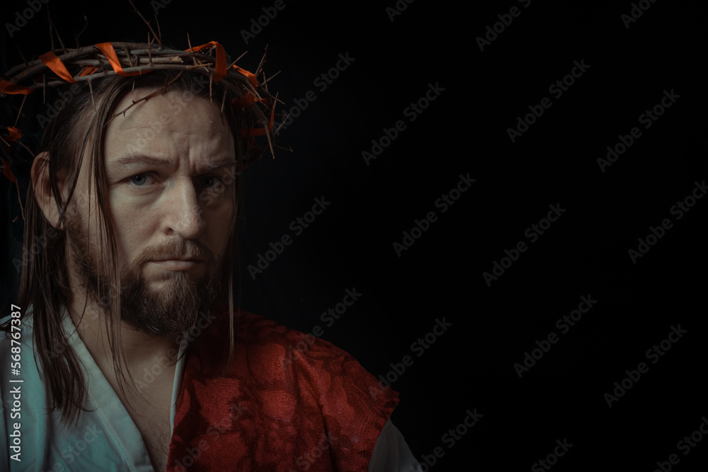 Jesus Christ wearing a crown of thorns and white chiton toga mantle ...