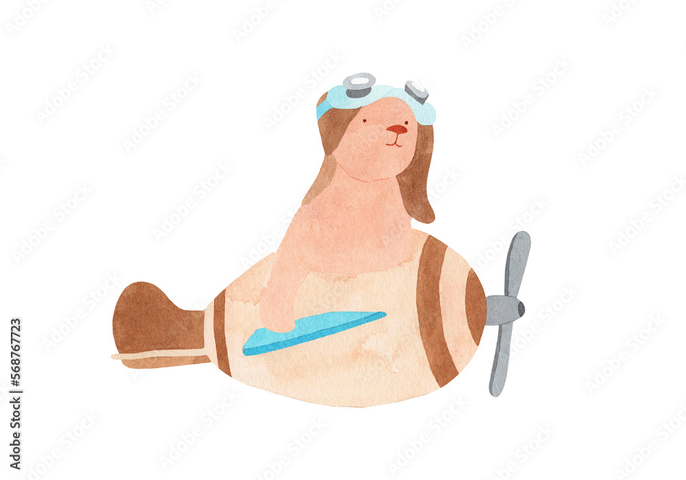 Watercolor bear pilot - aviator animal in airplane, helicopter, in sky scene with isolated ...