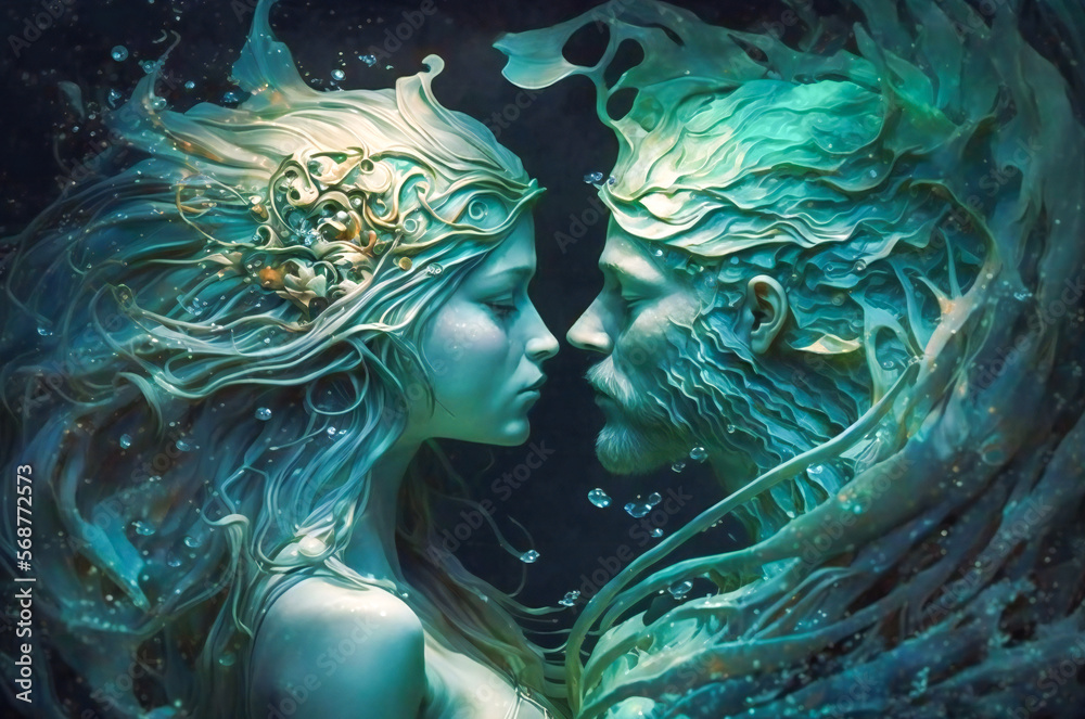 Mythological, fairy tale aquatic man and woman face to face. Created ...
