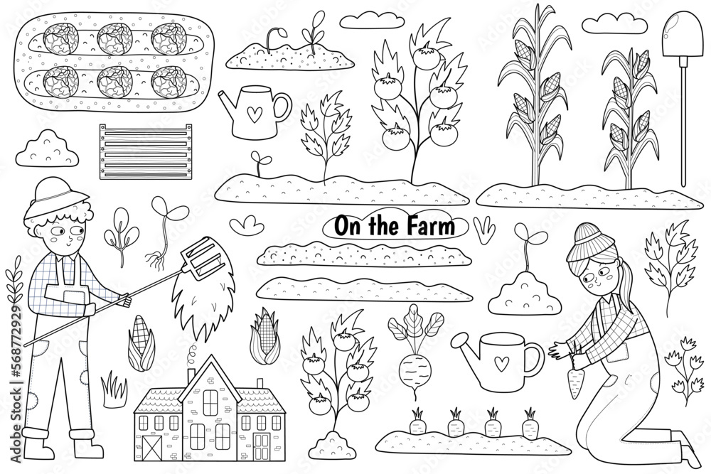 Black and white set with cute kids farmers working in the garden ...