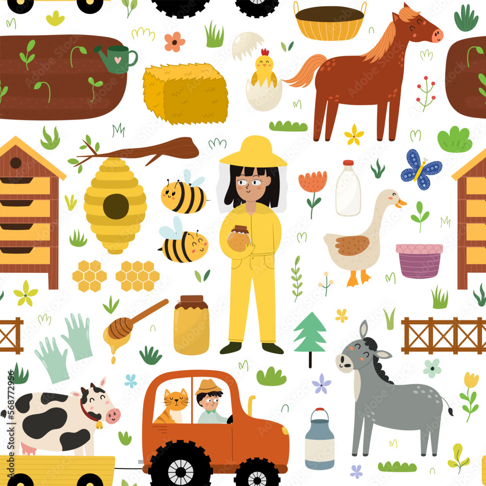 Farm seamless pattern with cute characters. Countryside background in ...