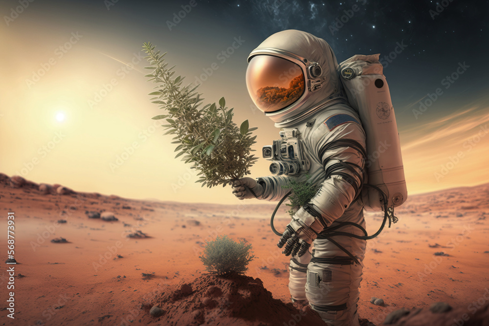 An astronaut planting a tree sapling on the mars surface. Digital ...