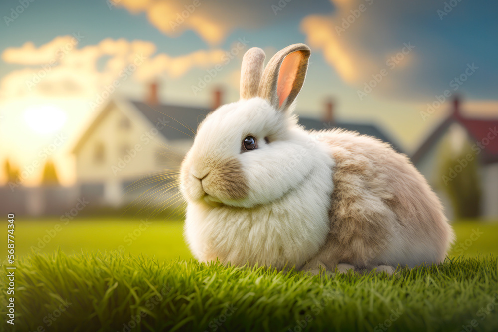 Cute fluffy rabbit sits in front of the houses. Created with Generative ...
