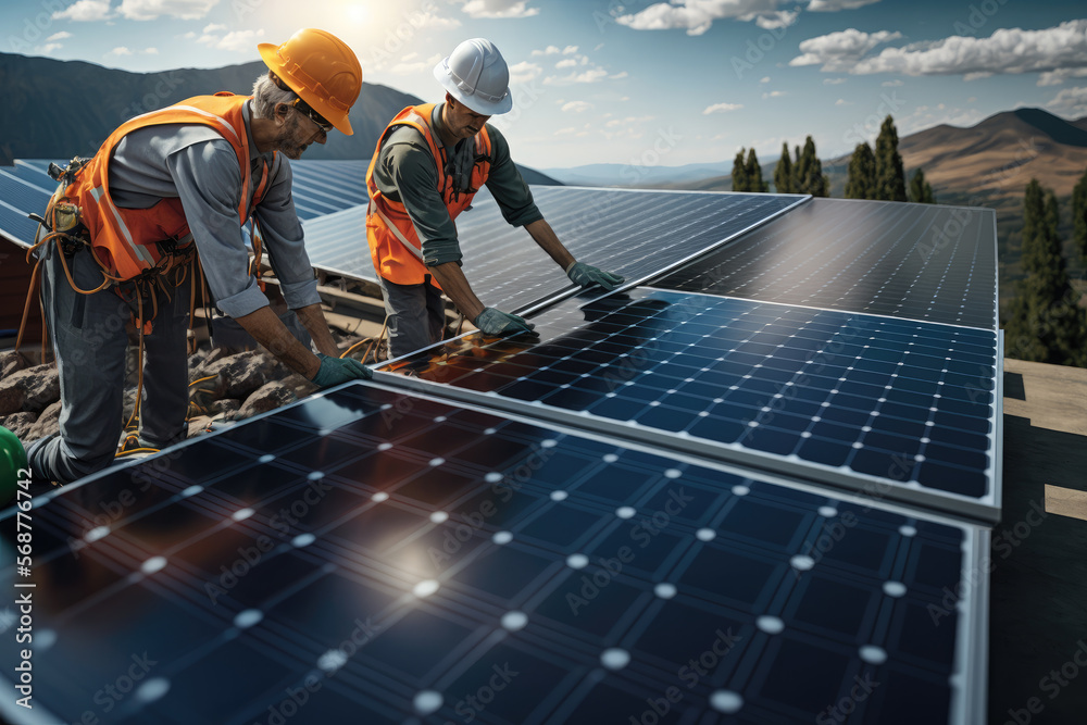 workers installing solar panels in house roof. generative ai Stock ...