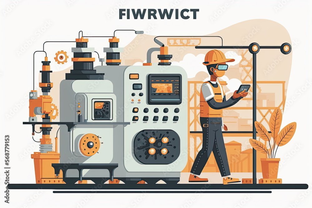 Cute cartoon characters, factory and working person using wifi ...