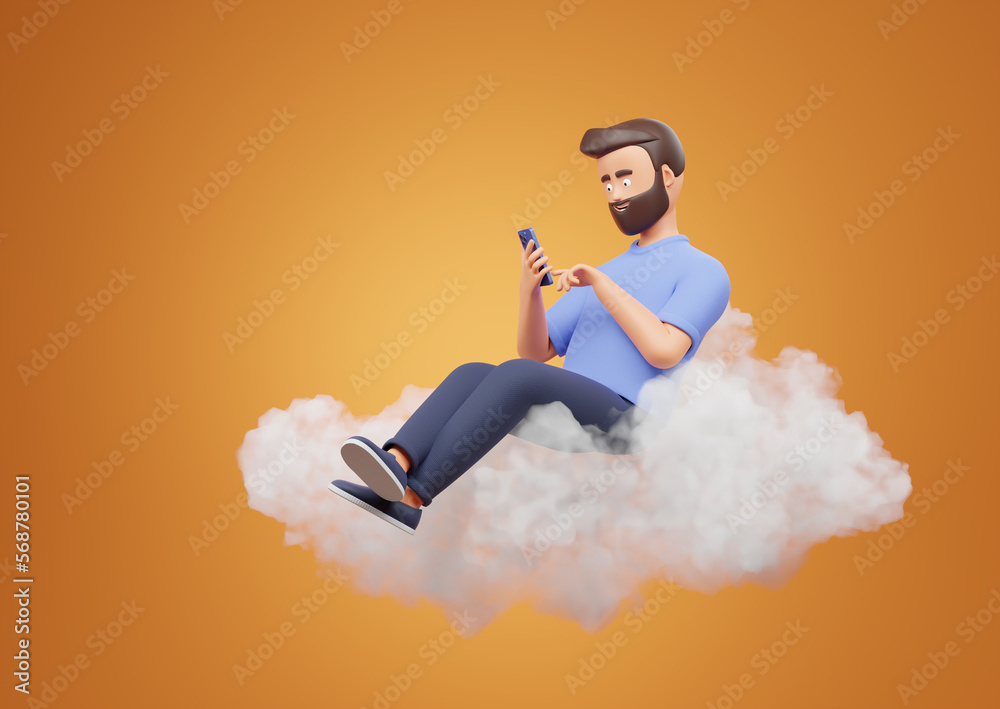 Cartoon beard character man work smartphone seat on cloud over yellow ...