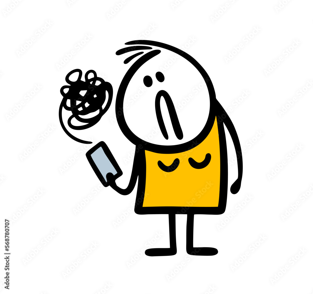 Sad cartoon stick figure woman looks on her smartphone with swear words ...