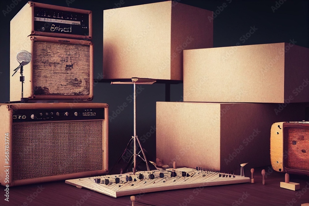 Grungy cardboard model of guitar and speaker box, synthesizer and drum ...