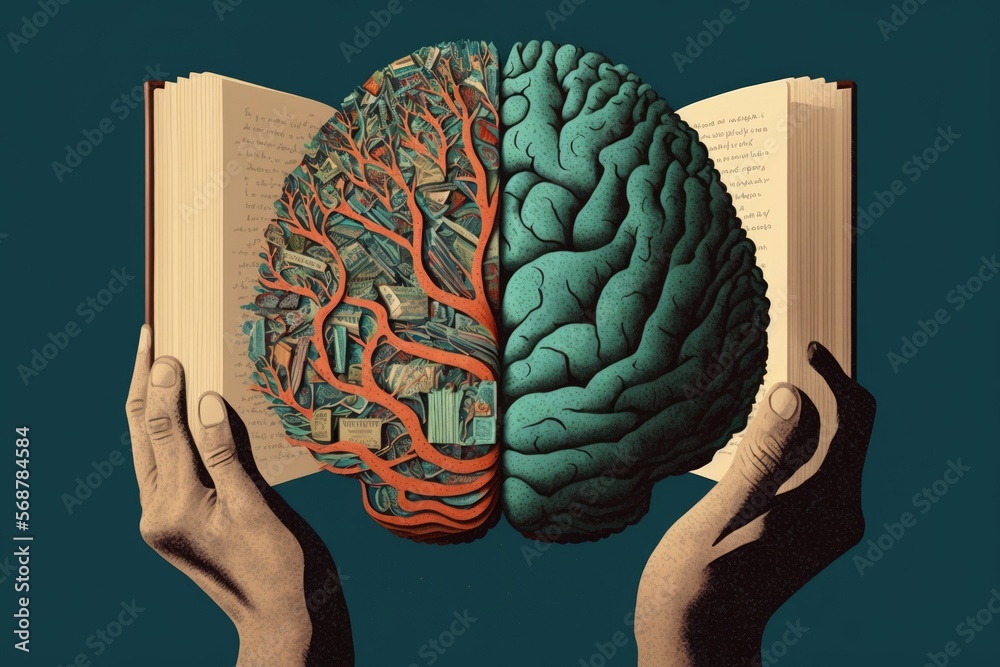 Education concept. Hands holding a book on which appears brain full of ...