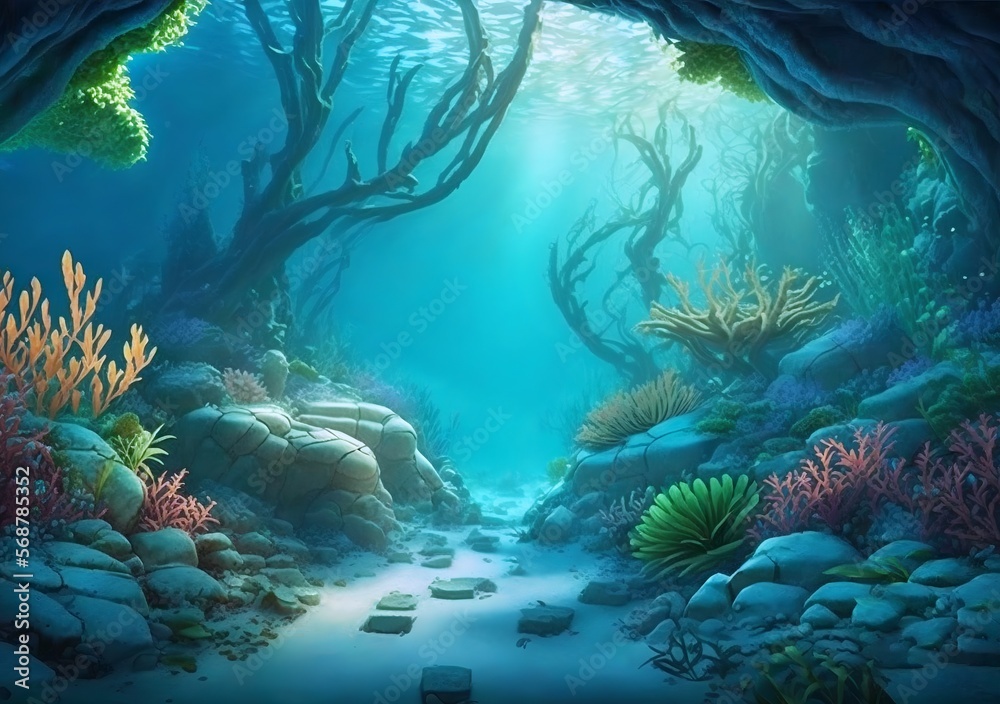 Colorful bright cartoon sea floor with algae corals and stones with ...