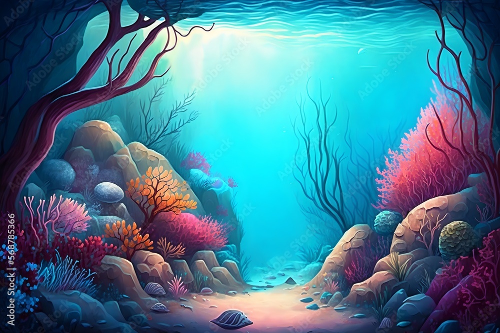 Colorful bright cartoon sea floor with algae corals and stones with ...