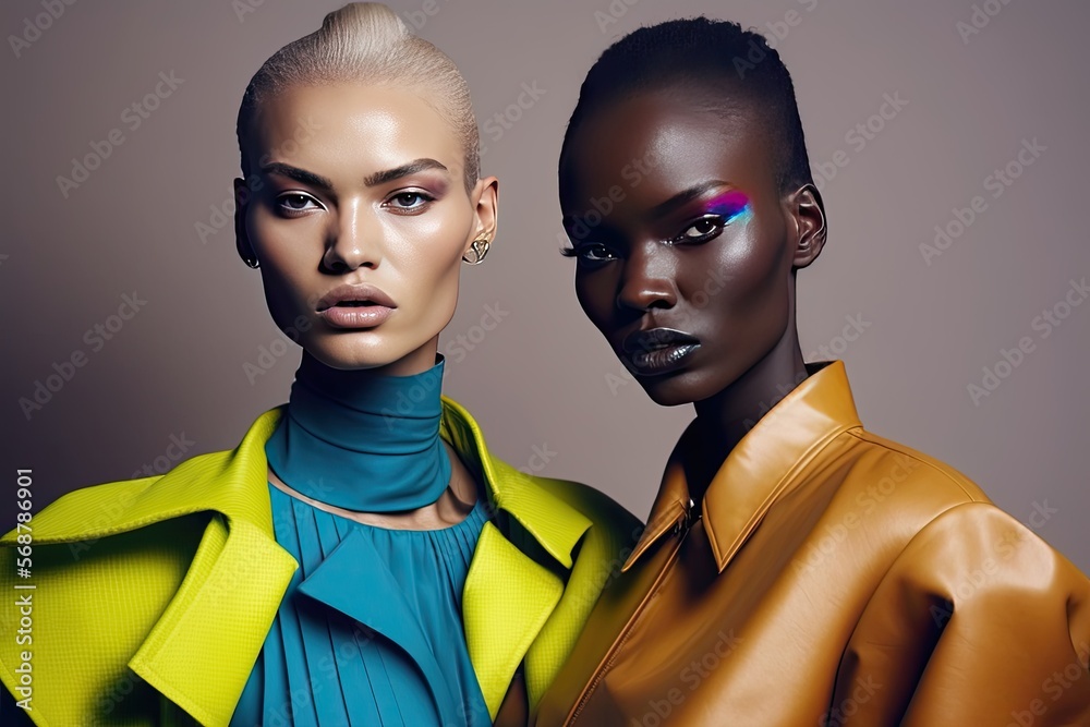 Two fashion models in fashionable clothes on photo studio background ...