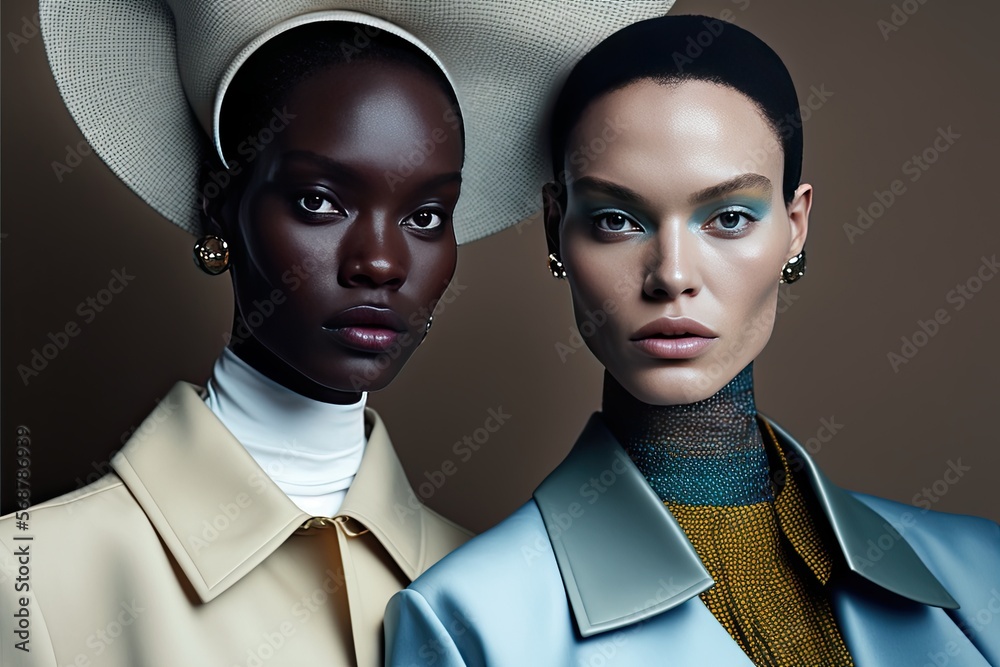 Two glamorous models in fashionable clothes on photo studio background ...