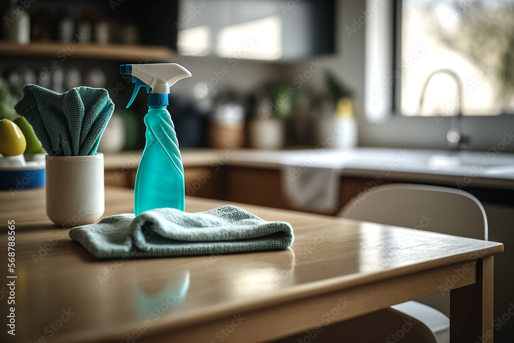 Cleaning home table sanitizing kitchen table surface with disinfectant ...