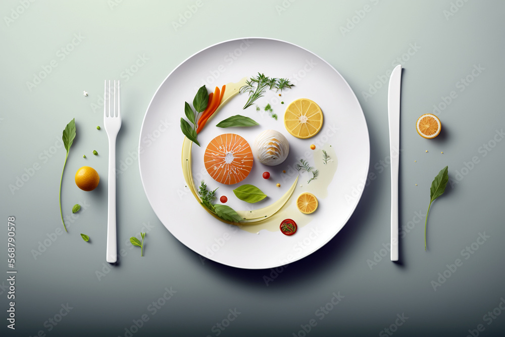 Minimalist Gourmet Creation with creative food elements and clean ...