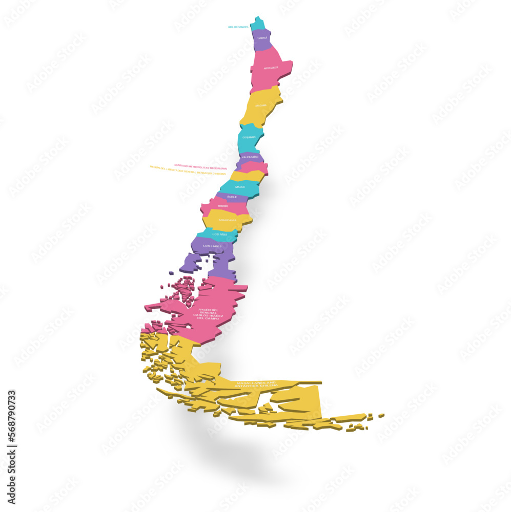 Chile political map of administrative divisions - regions. 3D colorful vector map with name ...