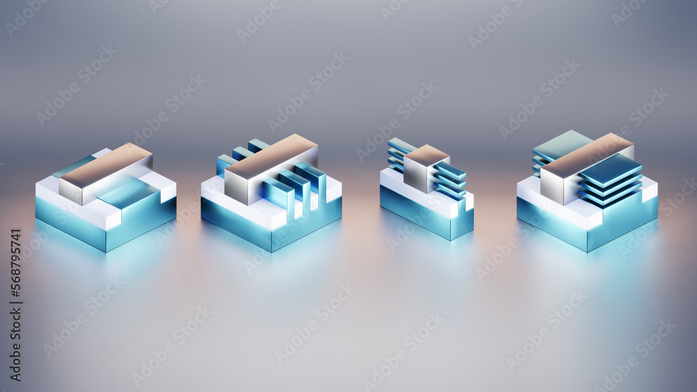 High-quality 3D renders of PlanarFET, FinFET, GAAFET (Nanowire), and MBCFET (Nanosheet ...