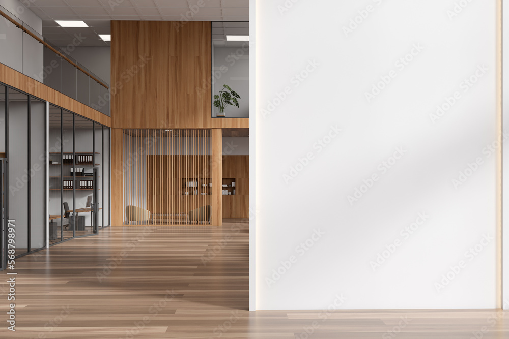 Front view on bright office interior with empty white wall Stock ...
