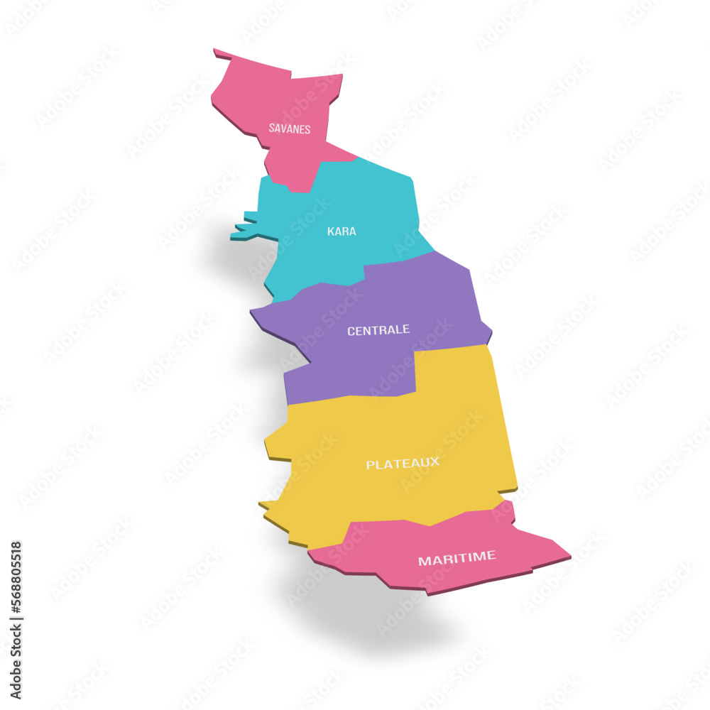 Togo political map of administrative divisions - regions. 3D colorful ...