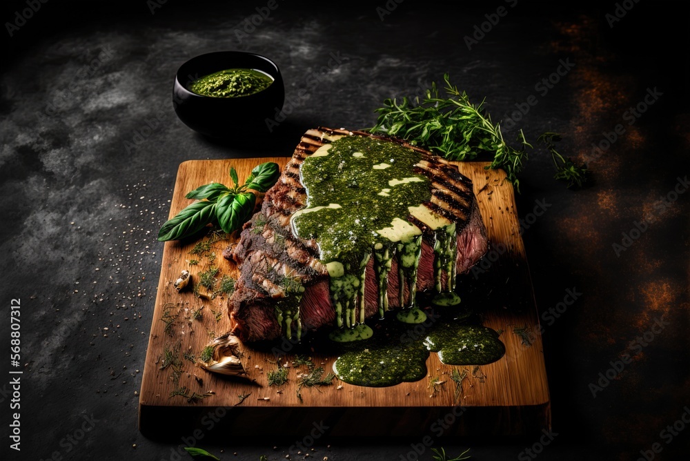 Photo & Art Print Steak cooked to a medium rare with green chimichurri ...