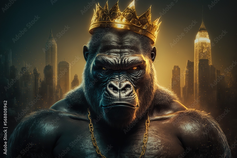 Gorilla king wears a gold crown ,new you york city on the background ...