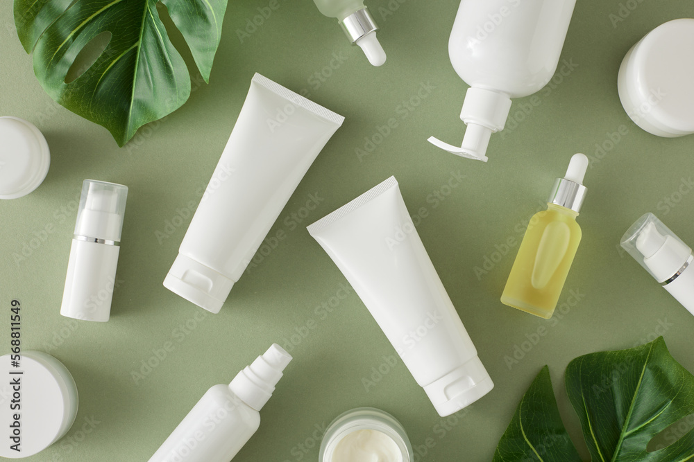 Organic cosmetic concept. Top view composition made of white cream ...