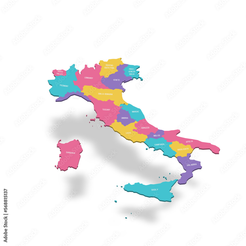 Italy political map of administrative divisions - regions. 3D colorful ...