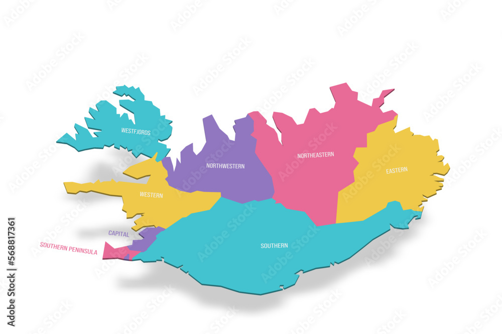 Iceland political map of administrative divisions - regions. 3D ...
