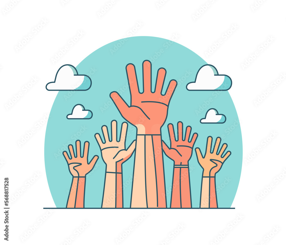Volunteers and charity work. Raised helping hands. Vector icon ...