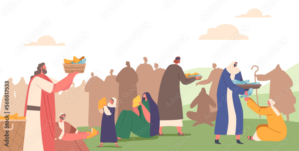Jesus Christ Apostles Characters Feeding Hungry Crowd with Five Loaves ...