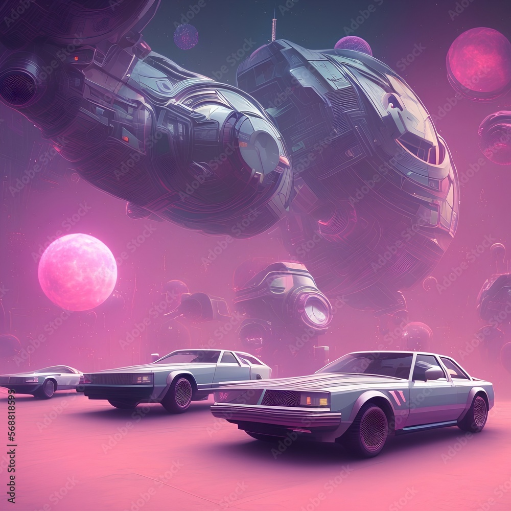 Retro Sci-Fi futuristic background 1980s style 3d illustration. Digital ...
