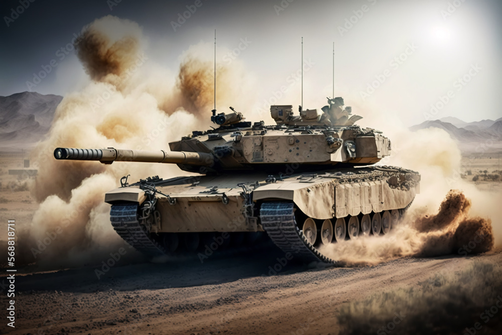 Military army tank ready to attack moving over a deserted battle field ...