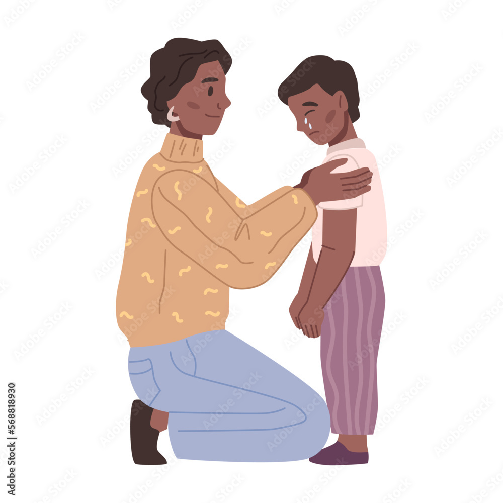 Mother hugging and comforting crying son. Isolated woman cuddling upset ...