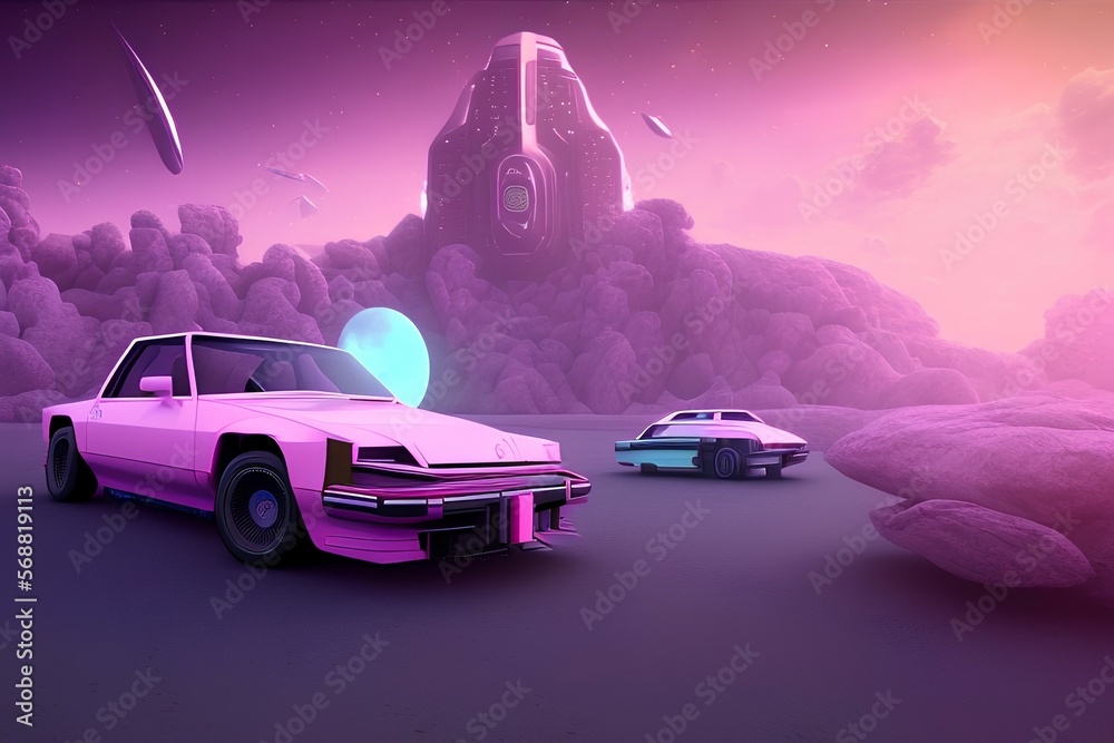 Retro Sci-Fi futuristic background 1980s style 3d illustration. Digital ...