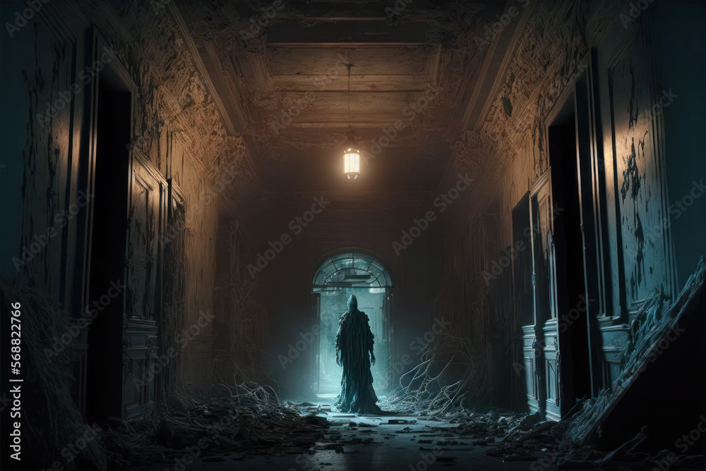 Ghostly hooded figure haunts halls of an abandoned mansion, horror ...