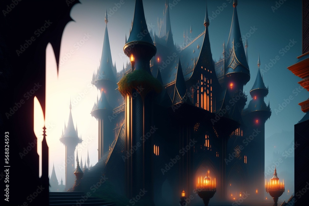 Fantasy magical castle at night, digital art Hogwarts style Stock ...