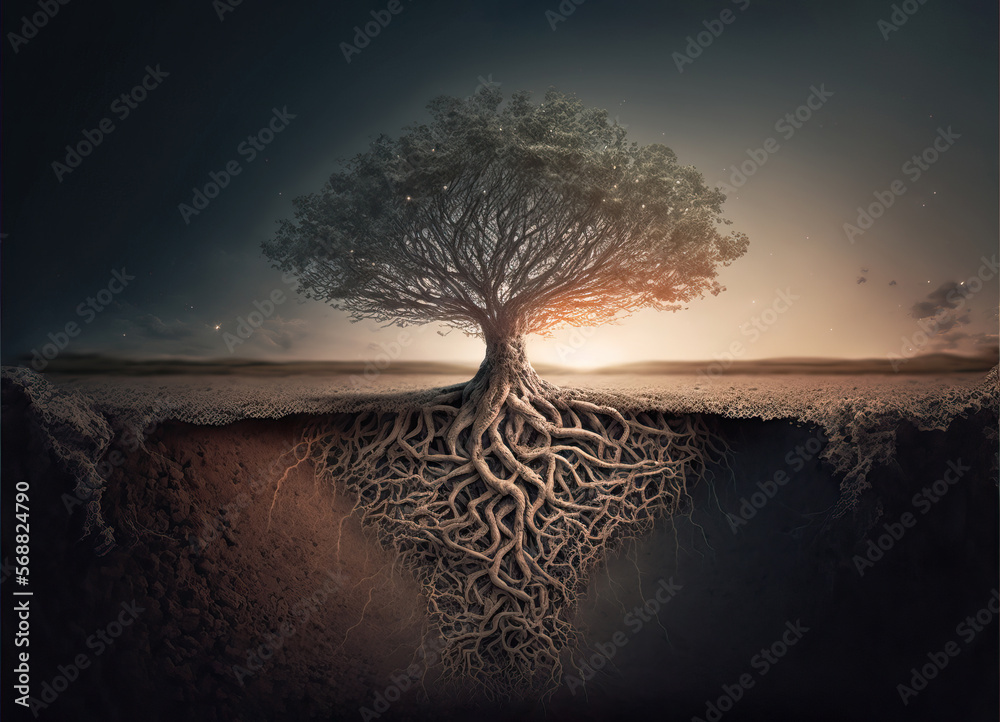 Lonely tree at sunrise with branches in the air and roots underground ...
