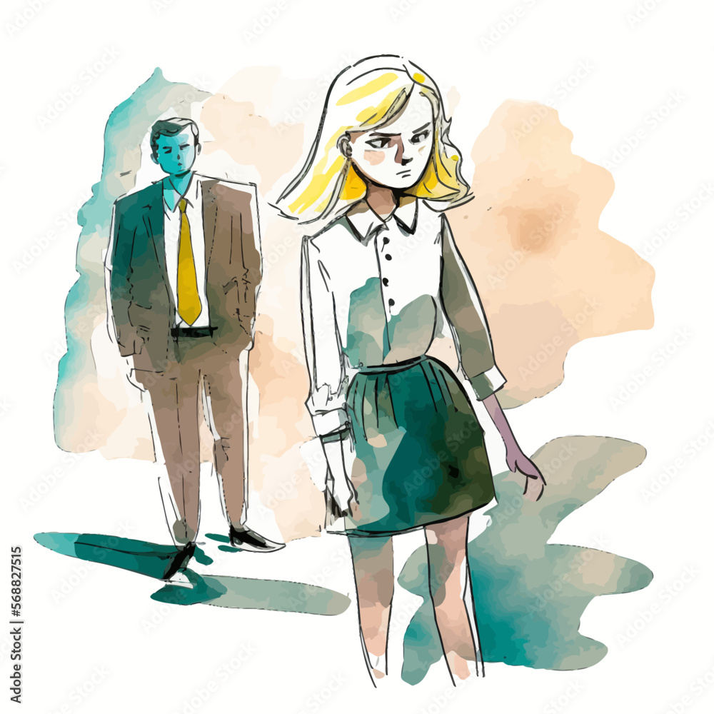 A man in a dominant suit harasses a female colleague. Vectorized ...