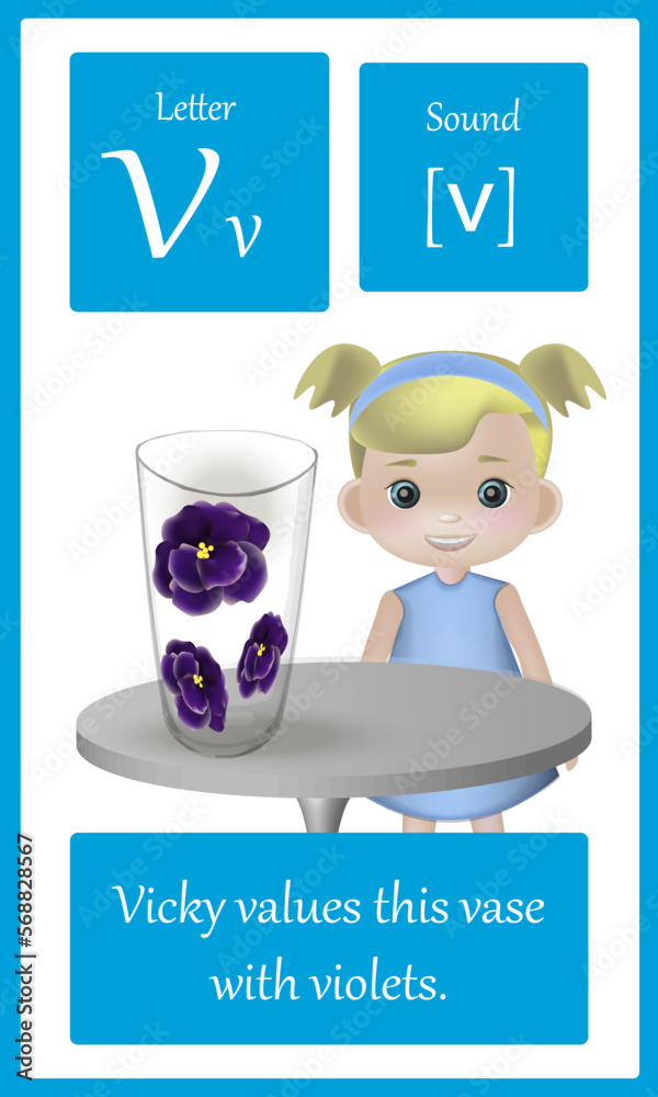 Colorful alphabet letter V. Phonics flashcard with sound. Letter V for ...