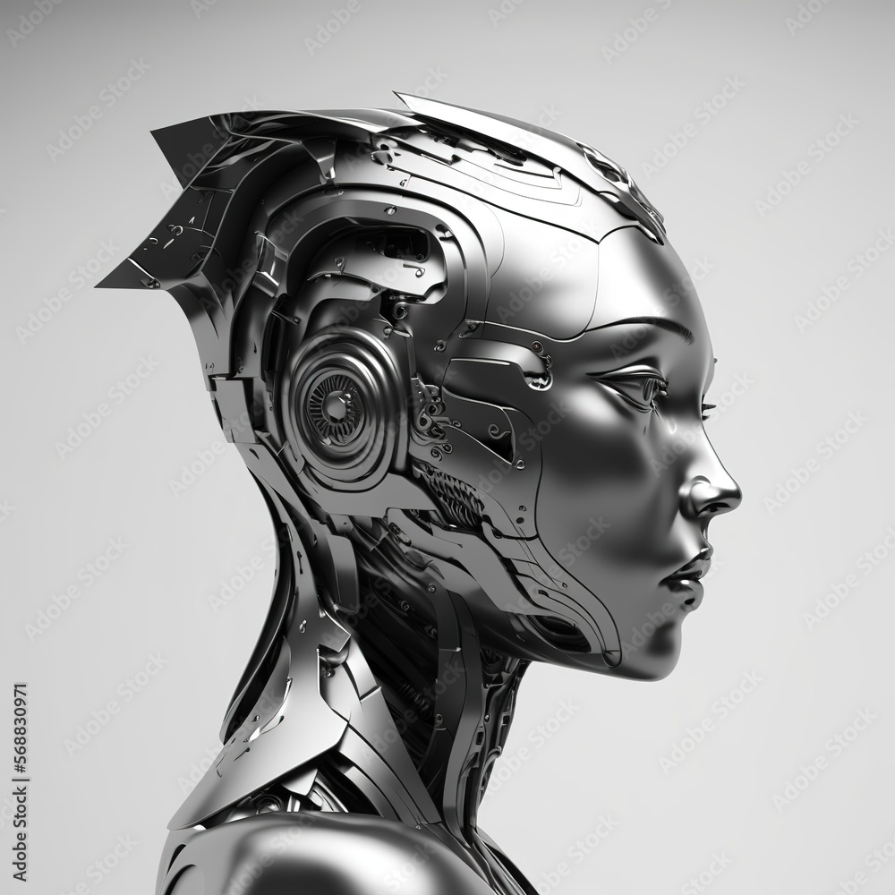 Robot young woman face side view. Cyborg metal male head Generative AI ...