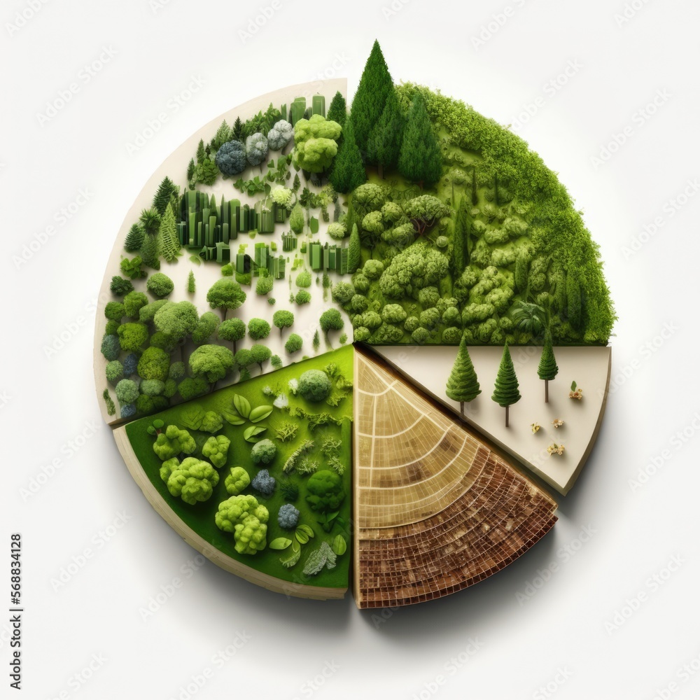 Pie chart with city and lush greenery environmental sustainability ...