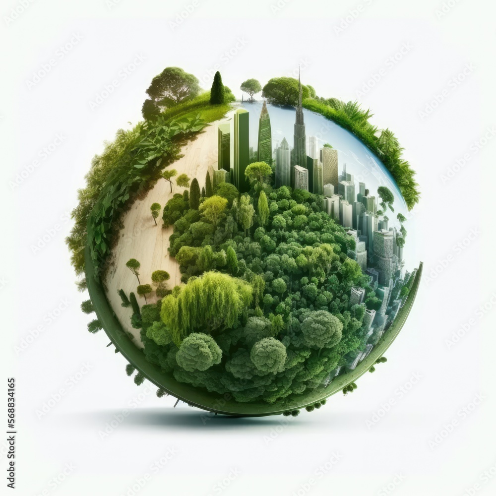 Pie chart with city and lush greenery environmental sustainability ...