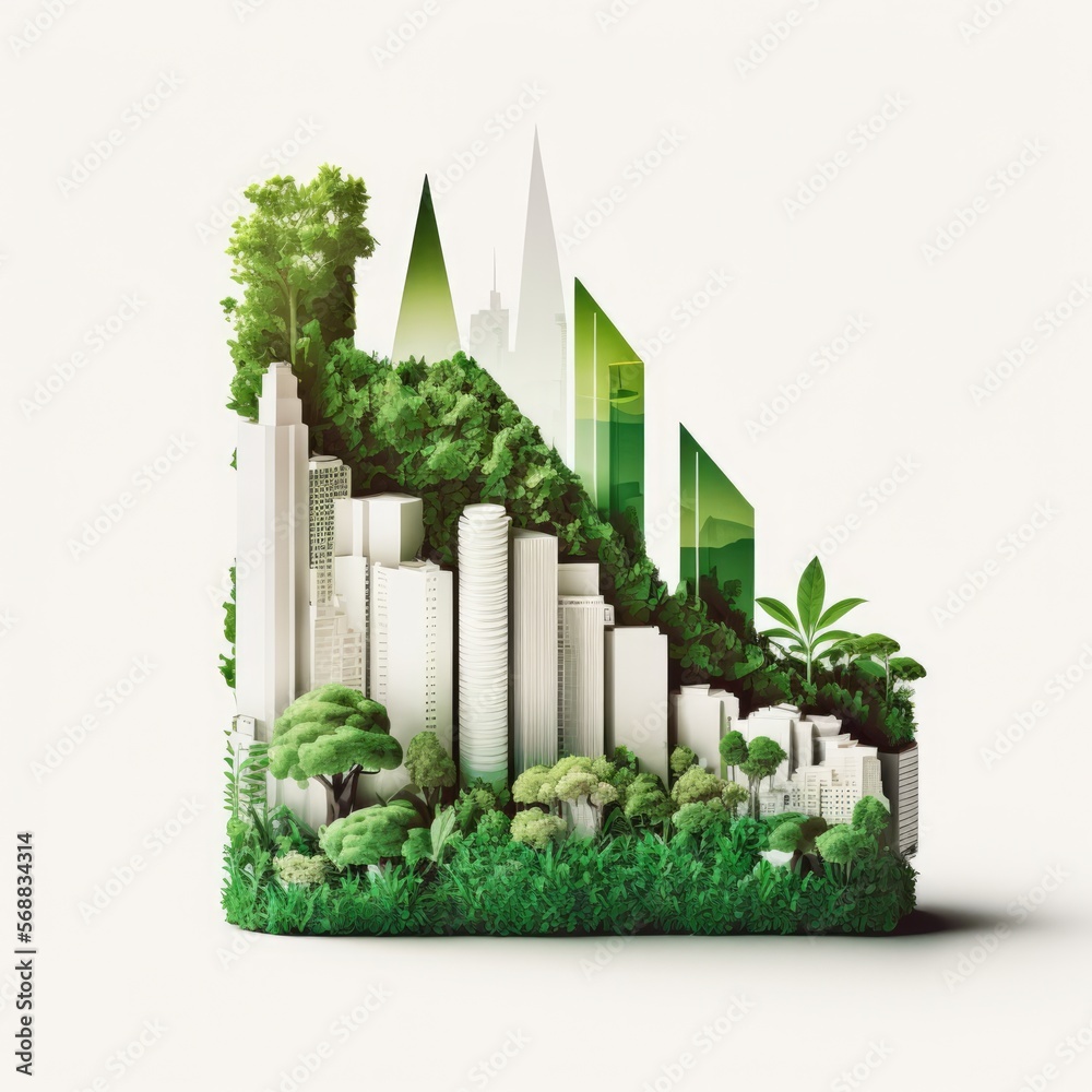 Bar chart with city and lush greenery environmental sustainability ...