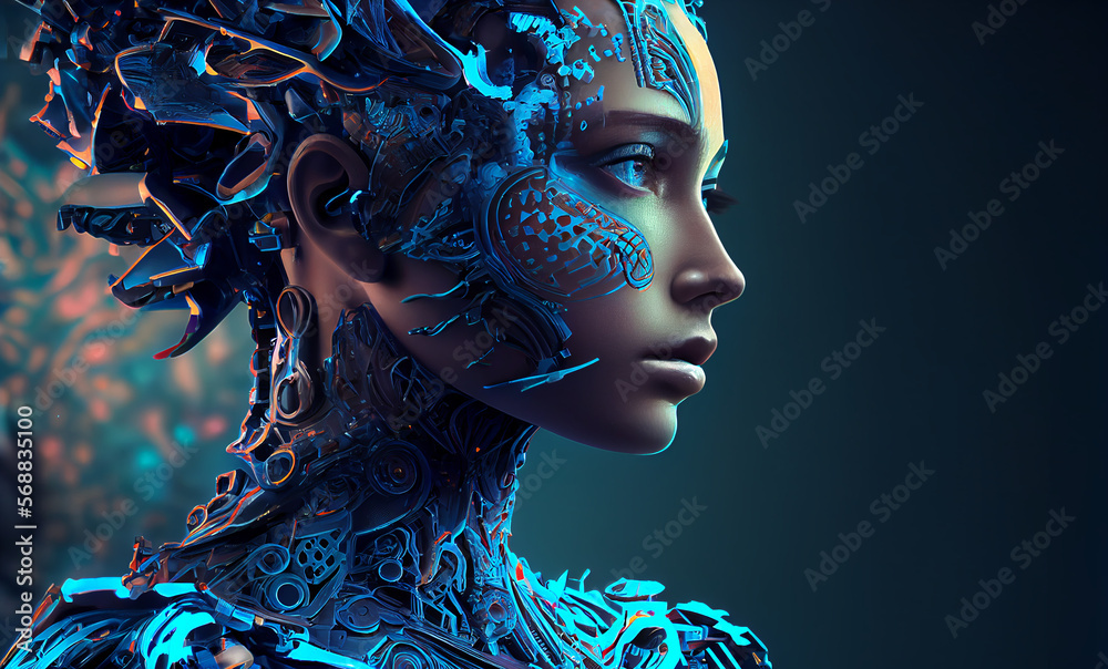 Generative AI painting. Close up portrait of android robot. Viw of face ...
