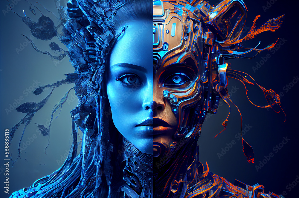 Generative AI painting. Close up front view portrait of robot. Female ...