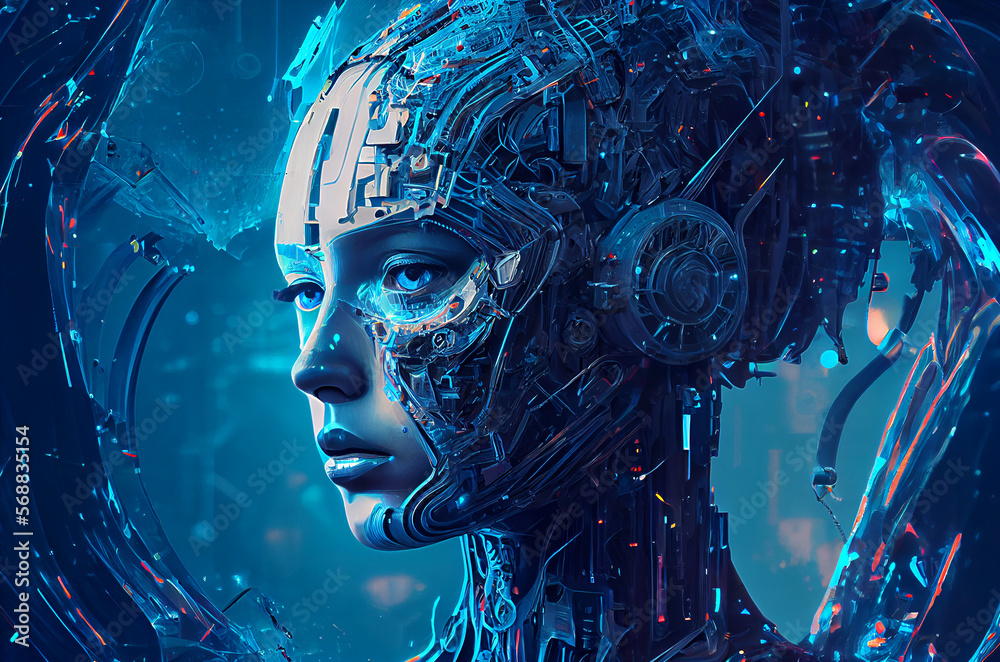 Generative AI painting. Close up portrait of android robot. Side face ...
