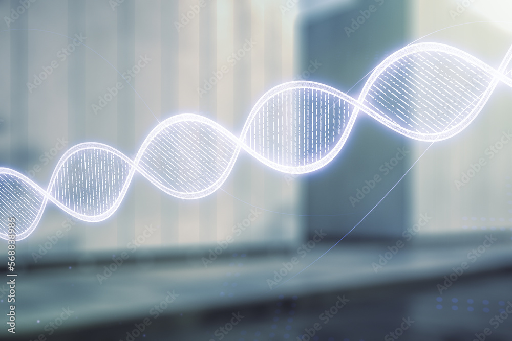 Virtual DNA symbol illustration on blurry modern office building ...