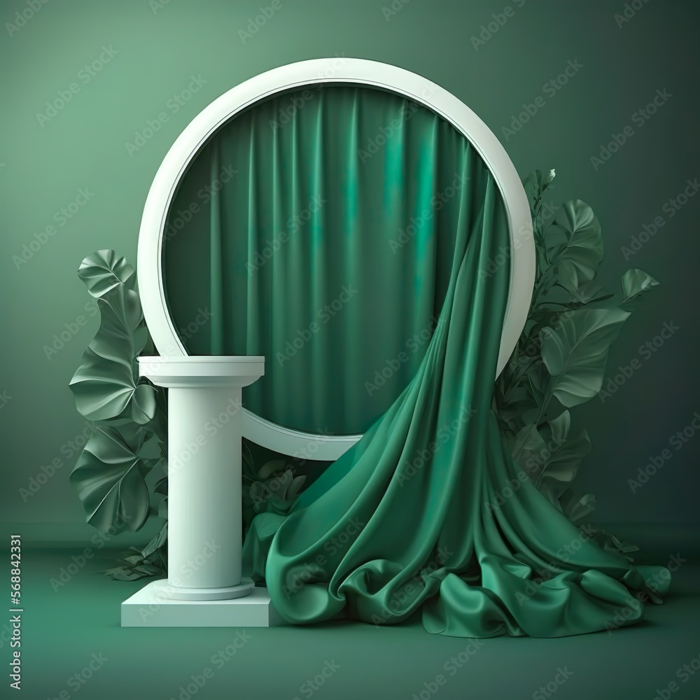 Podium d'affichage 3D, fond vert avec socle à cadre rond et rideau en ...
